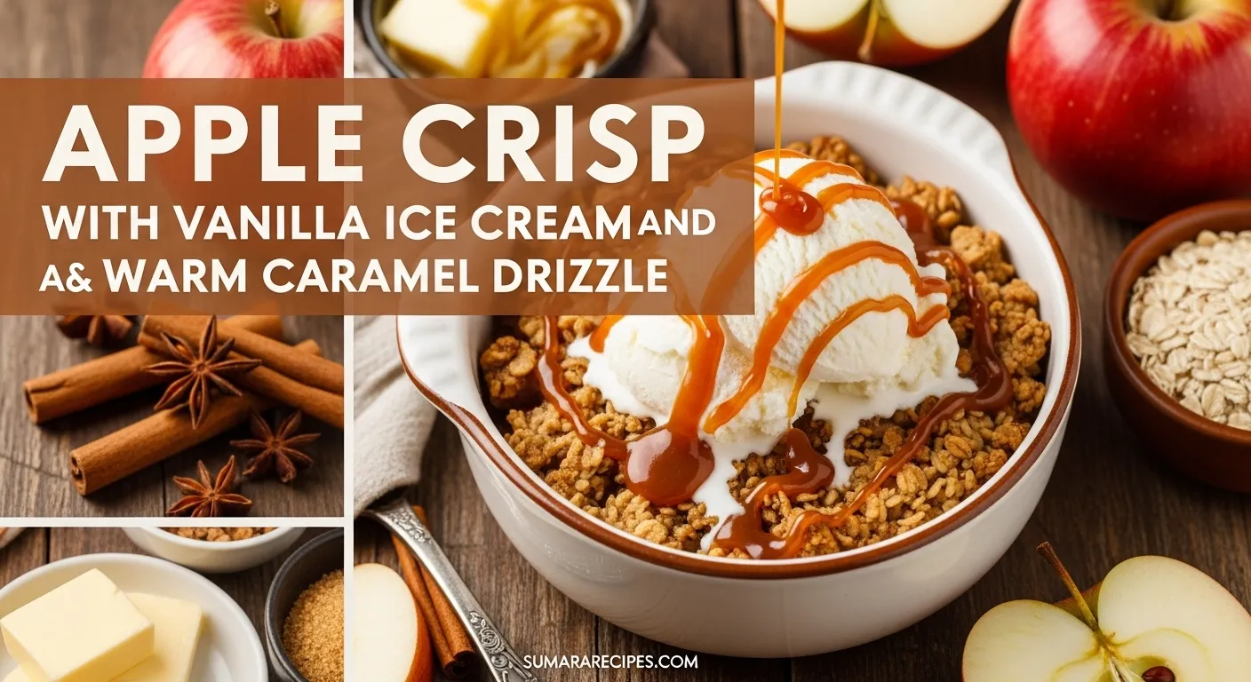 Apple Crisp with Vanilla Ice Cream and Warm Caramel Drizzle